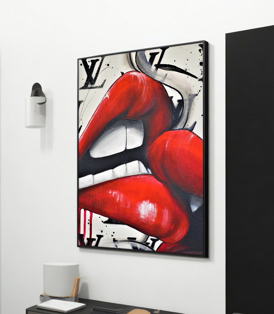 Bold Red Lips Graffiti Art Canvas Painting, Banksy Style Urban Decor ...