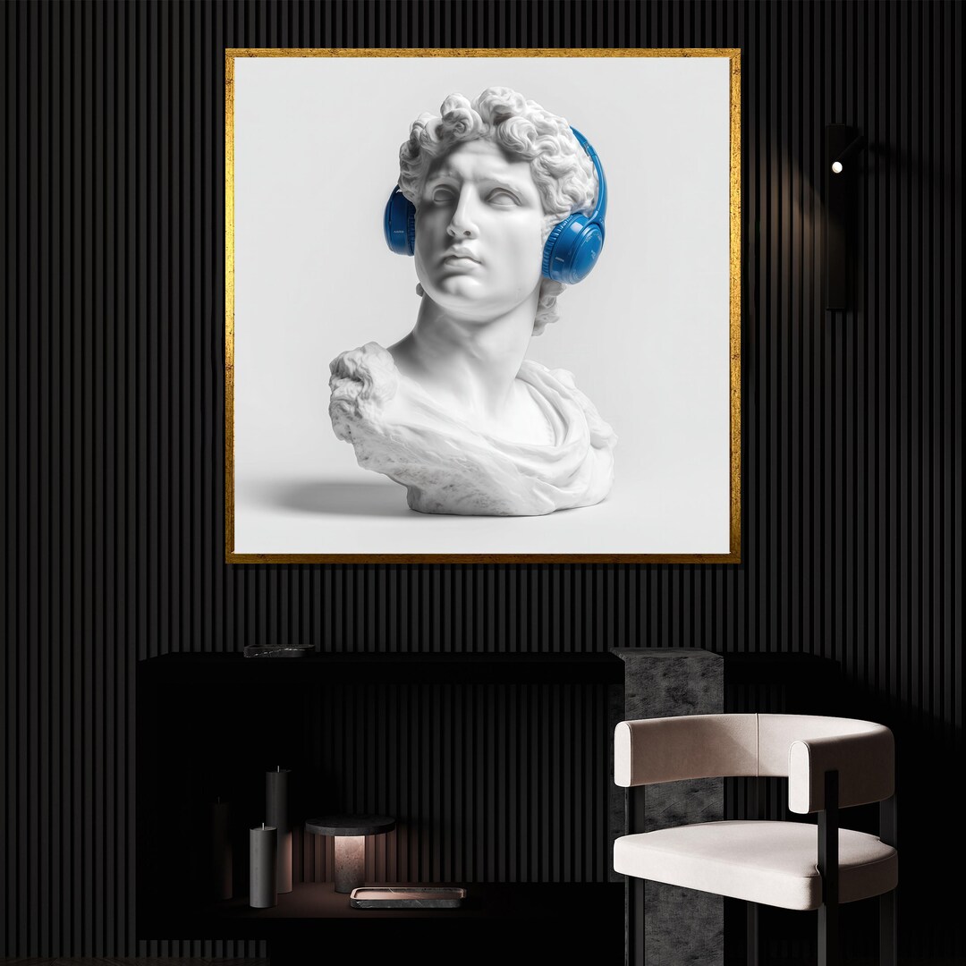 Modern David Sculpture Canvas Painting, Classical Bust With Blue ...