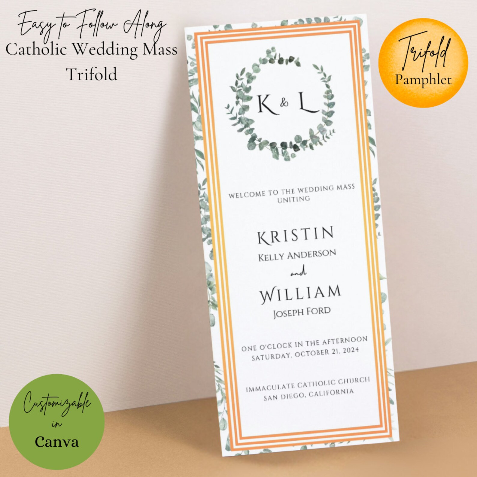 Eucalyptus Catholic Wedding Mass Program full Mass, Trifold Catholic ...