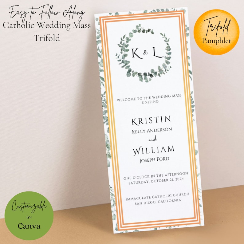 Eucalyptus Catholic Wedding Mass Program full Mass, Trifold Catholic Wedding Template Canva ...