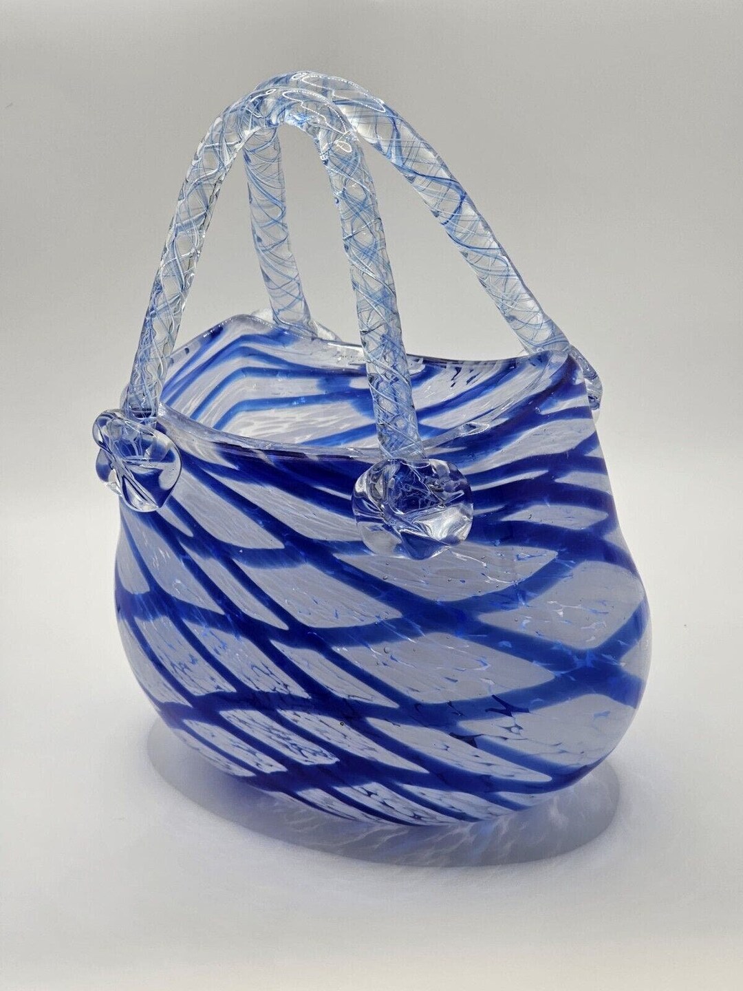 Hand Blown Glass Purse Bag Container Vase Blue and White Unsigned ...