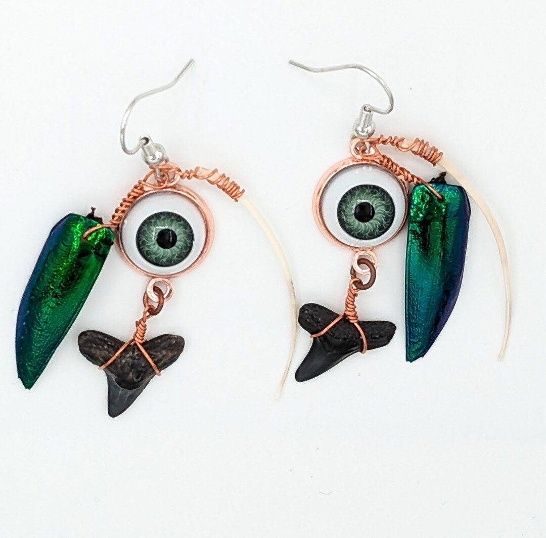 Curio Earrings: Doll Eyes, Jewel Beetle, Shark Tooth, Snake Rib - Etsy