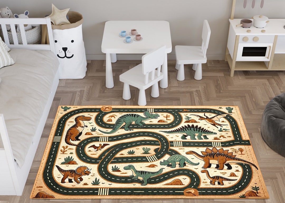 Dino Rug Jurassic Dino Rug T-rex Playmat Dino Road Rug Non Slip Floor ...