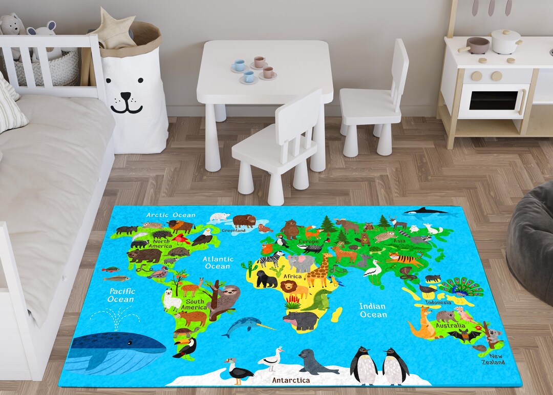 Fun and Educational Animals World Map Rug Kids Popular Play Mat Large ...