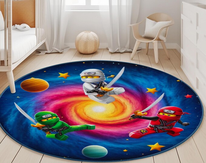Vibrant Ninja Space Adventure Round Rug Perfect for Kid's Rooms and ...
