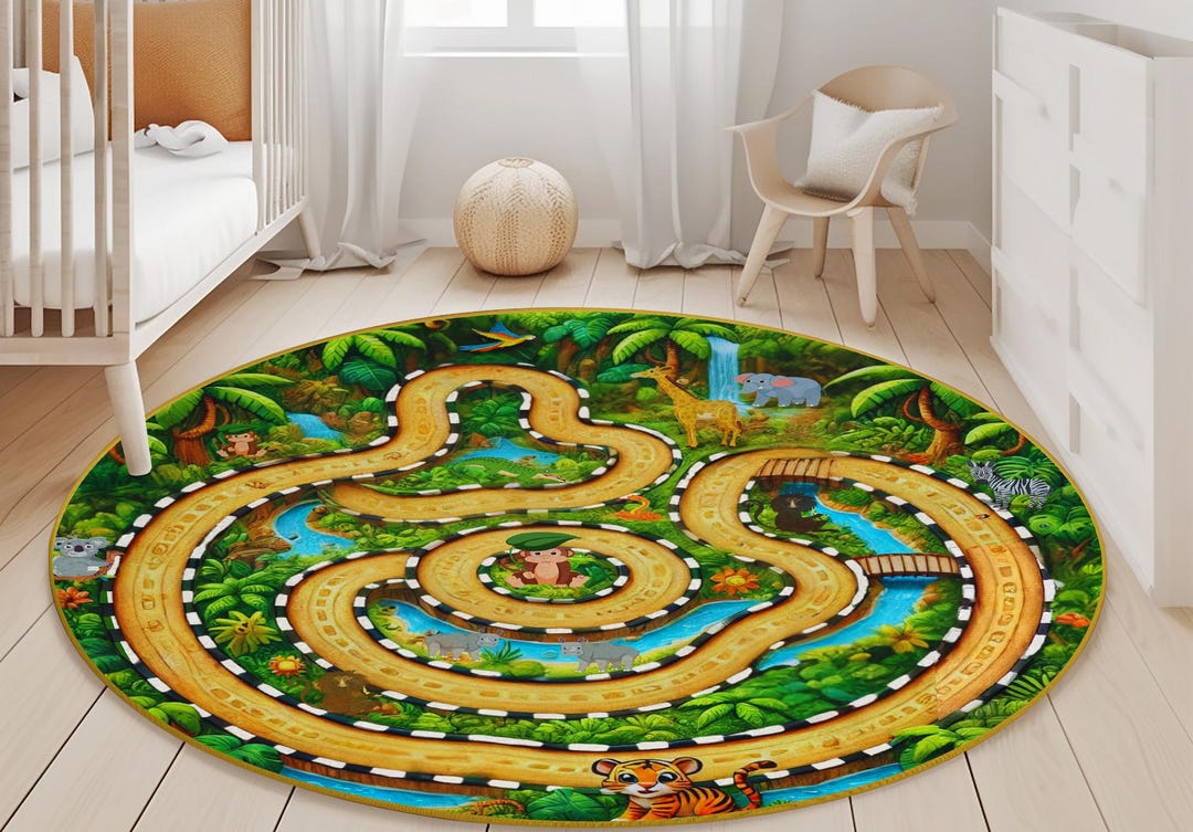 Cute and Soft Round Safari Playmat Jungle Road Rug for Kids Baby ...