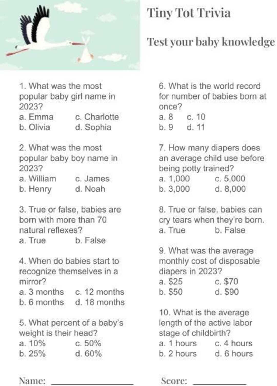 Tiny Tot Trivia Baby Shower Game printable Digital Version - Etsy