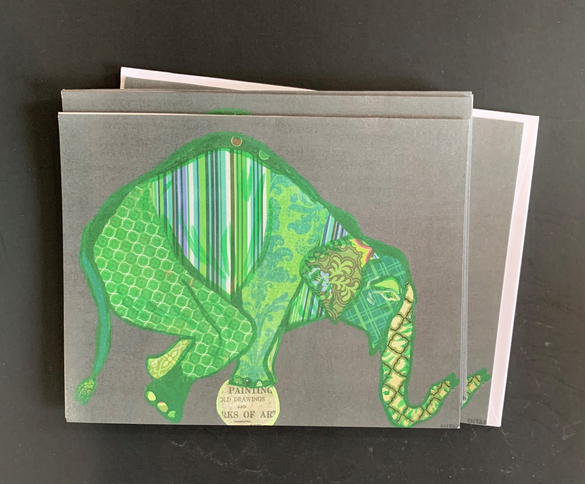 Balancing Green Elephant Note Card Set From Original Painting Collage ...