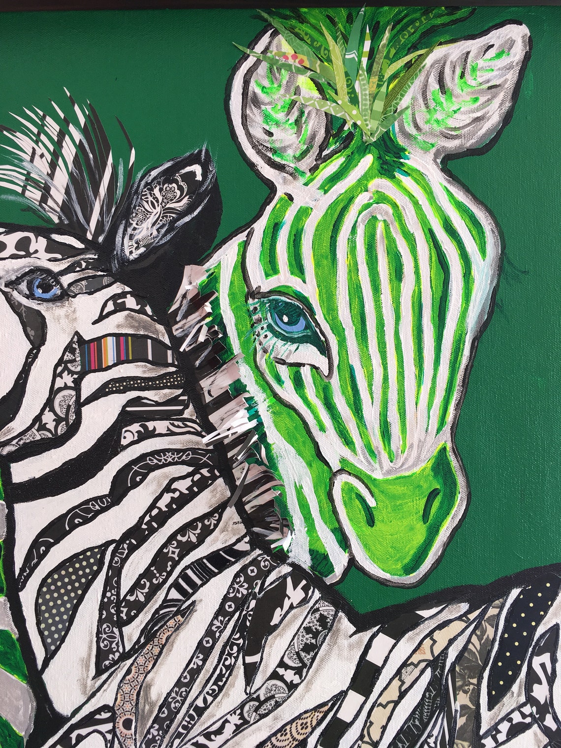 Original Animal Collage Patterned Zebras on Lime Green Animal Portrait ...
