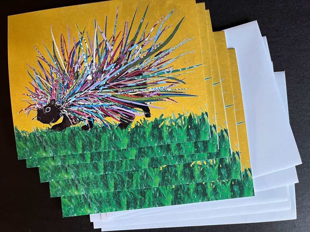 Colorful Porcupine Note Card Set From Original Painting/collage - Etsy