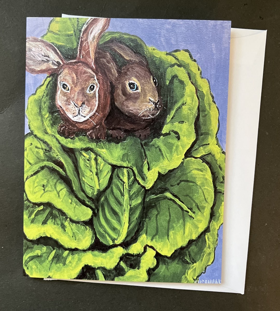 Rabbits in Lettuce Single Note Card From Original Acrylic Painting - Etsy