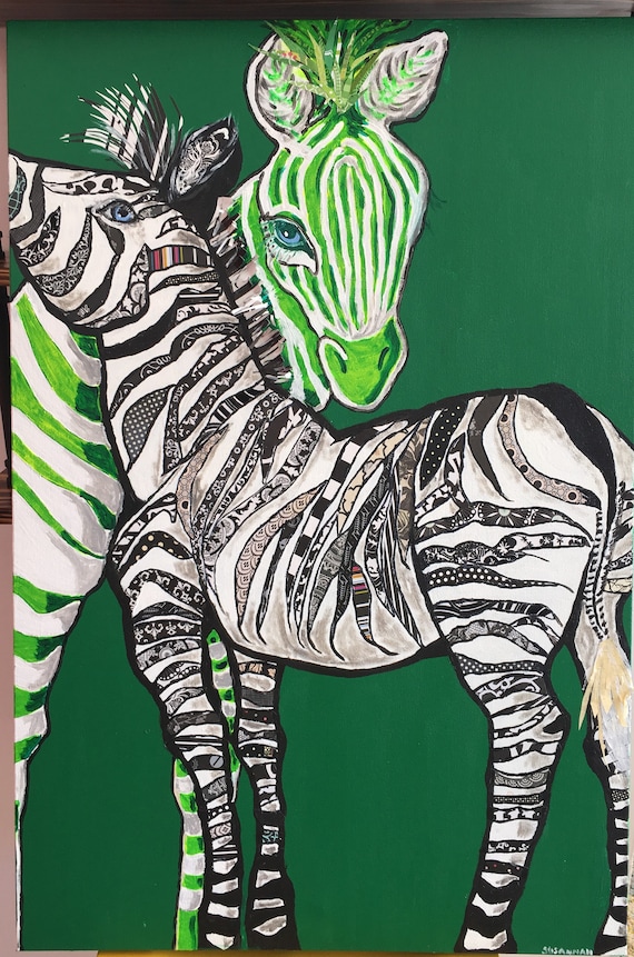 Original Animal Collage Patterned Zebras on Lime Green Animal | Etsy