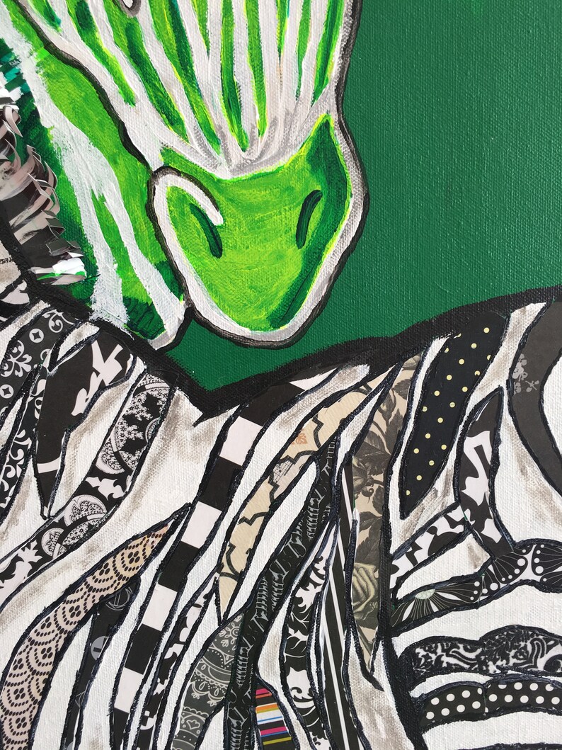 Original Animal Collage Patterned Zebras on Lime Green Animal Portrait ...
