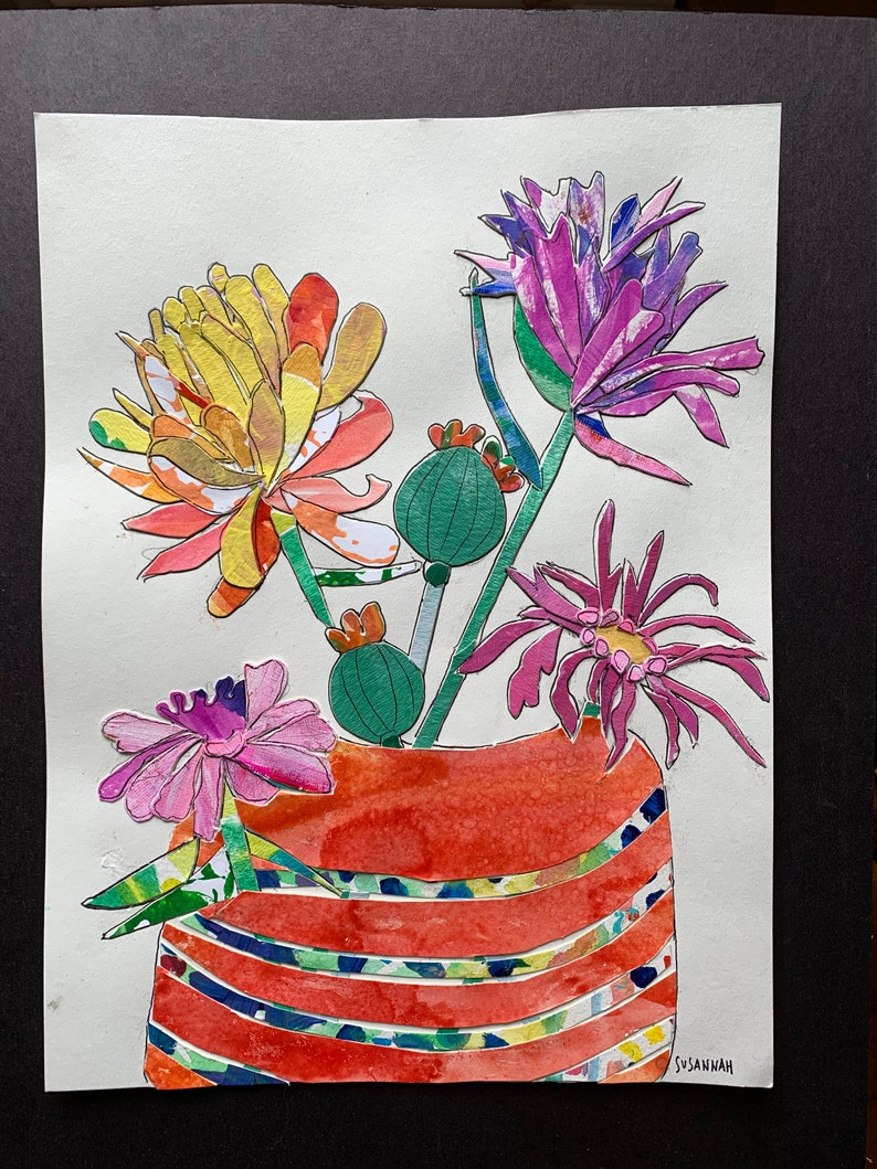 Flower Bouquet in Orange Vase Original Ink and Paper Drawing/collage on ...