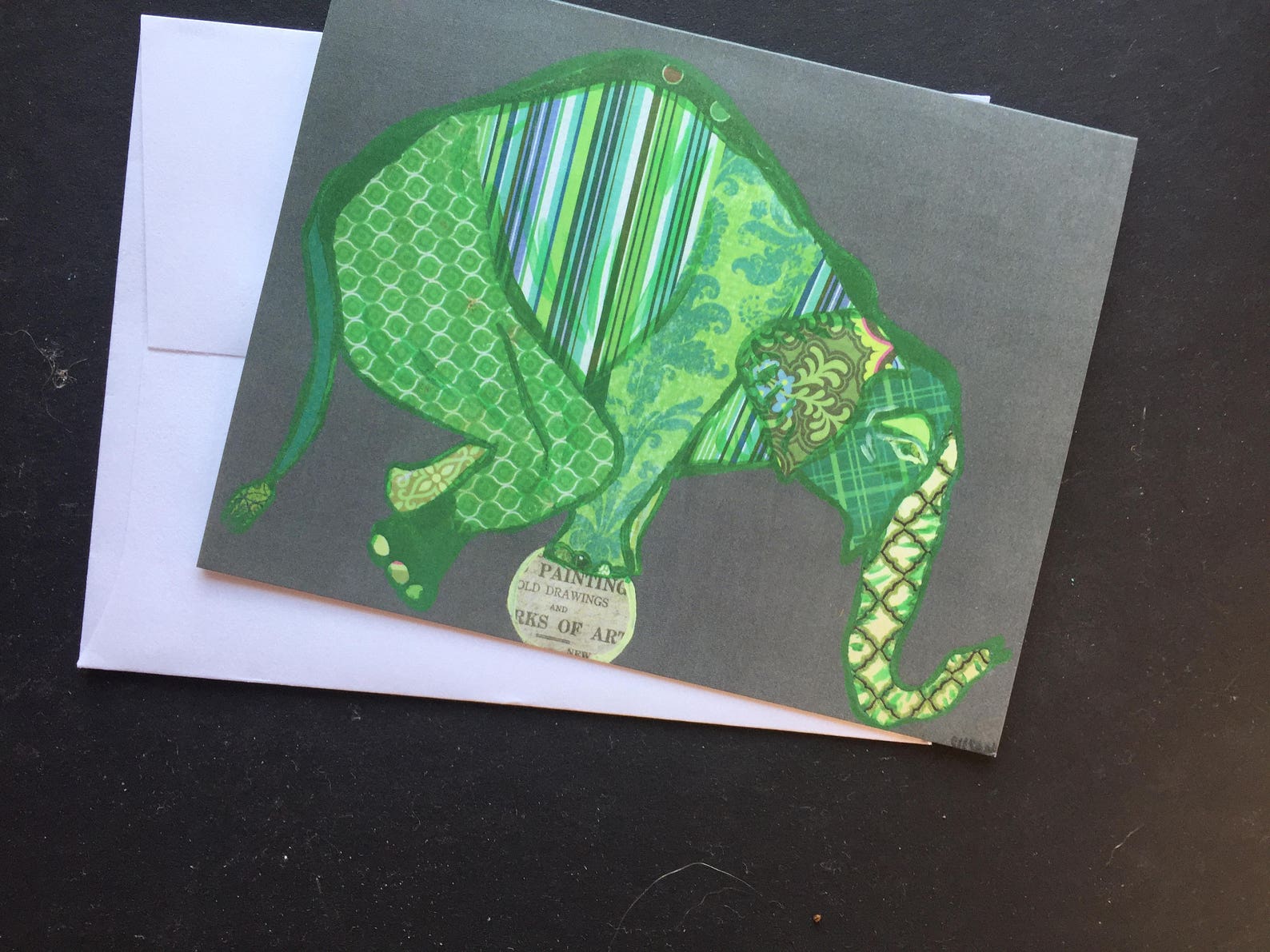 Balancing Green Elephant Note Card Set From Original Painting Collage ...