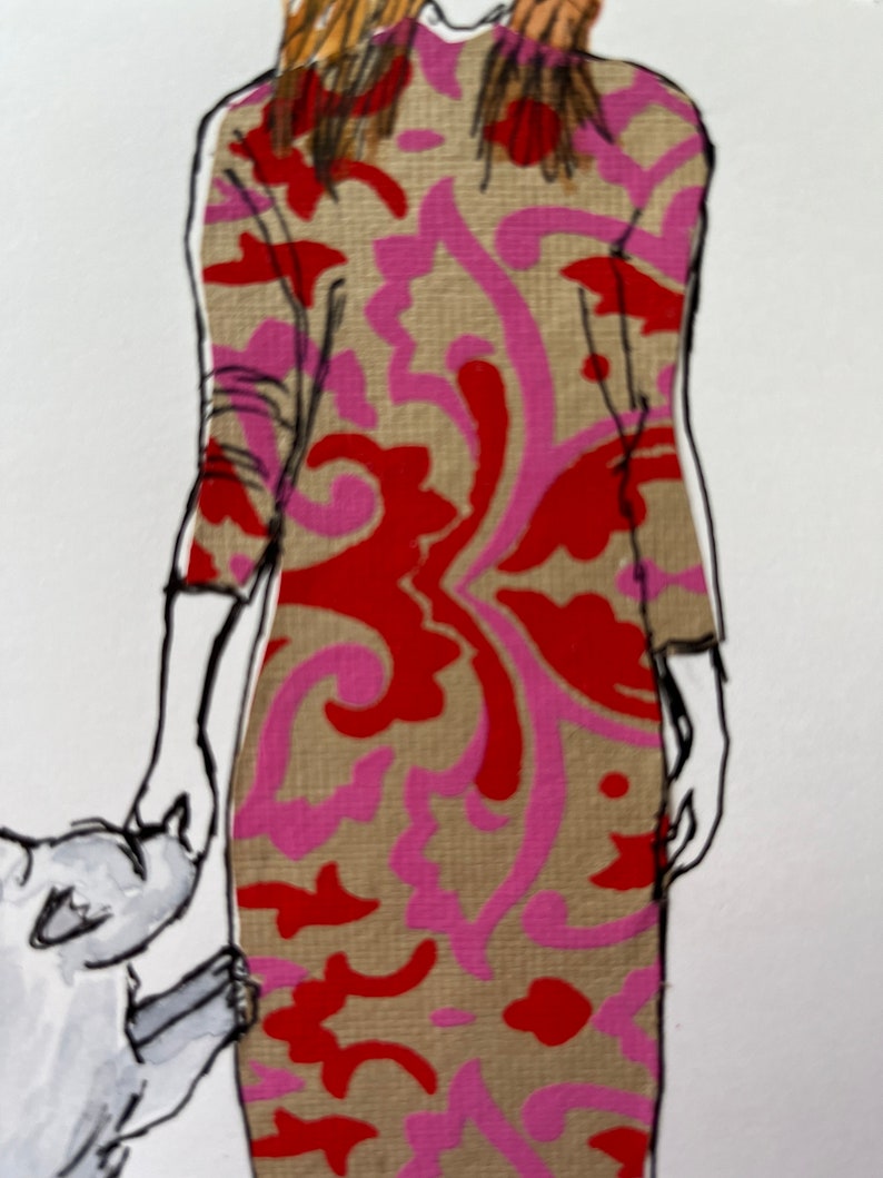 Girl in Red and Pink Dress With Dog Illustration Ink Drawing Collage - Etsy