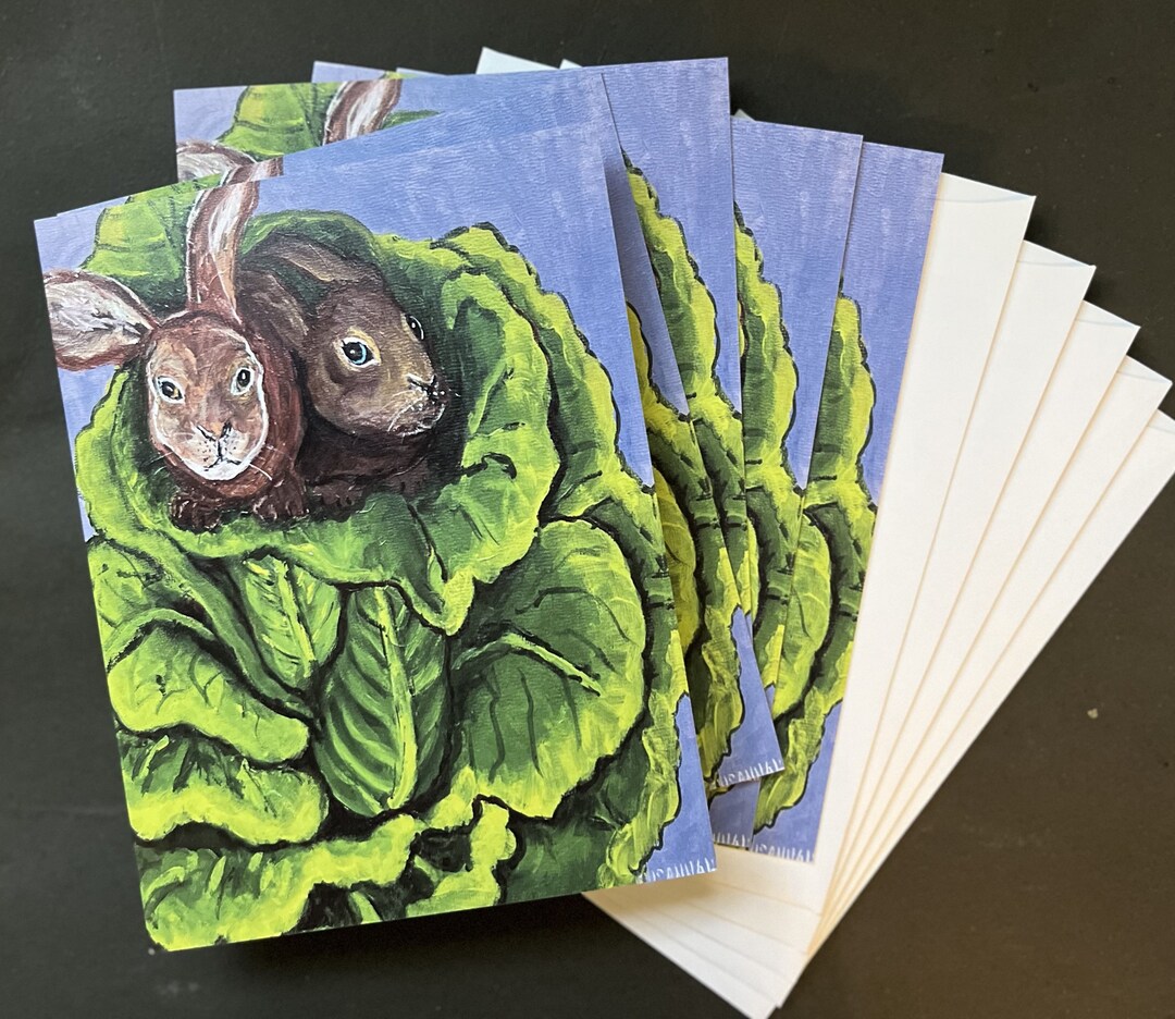 Rabbits in Lettuce Set of Note Cards From Original Acrylic Painting - Etsy