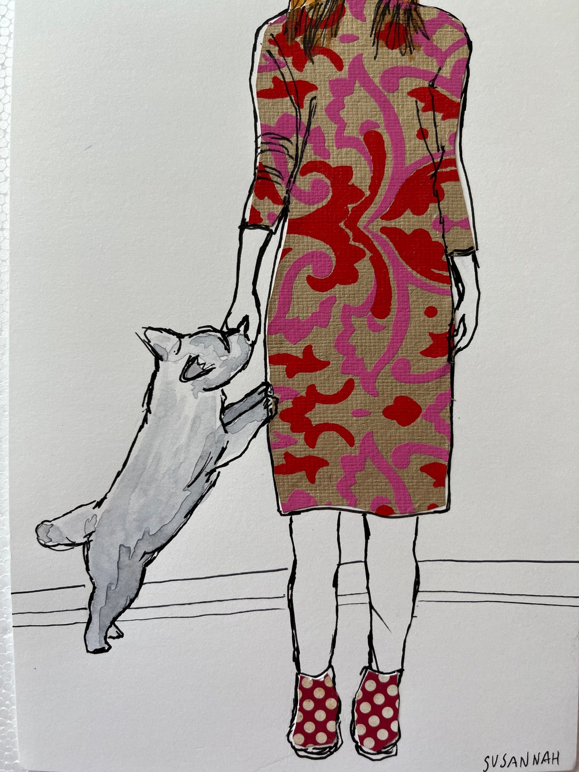 Girl in Red and Pink Dress With Dog Illustration Ink Drawing Collage - Etsy