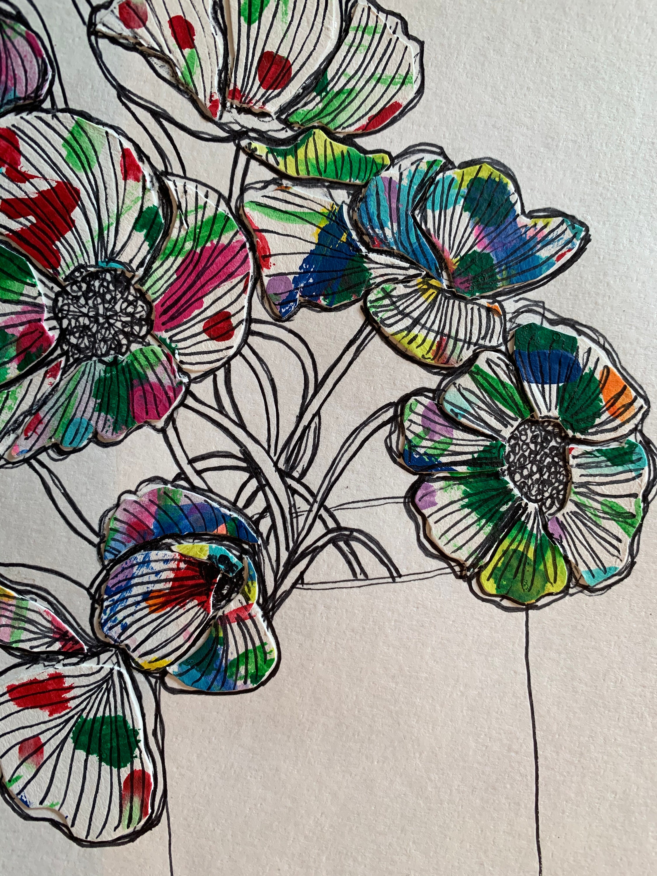 Odd Poppies Original Ink and Paper Drawing/collage on Paper 100 Flowers ...