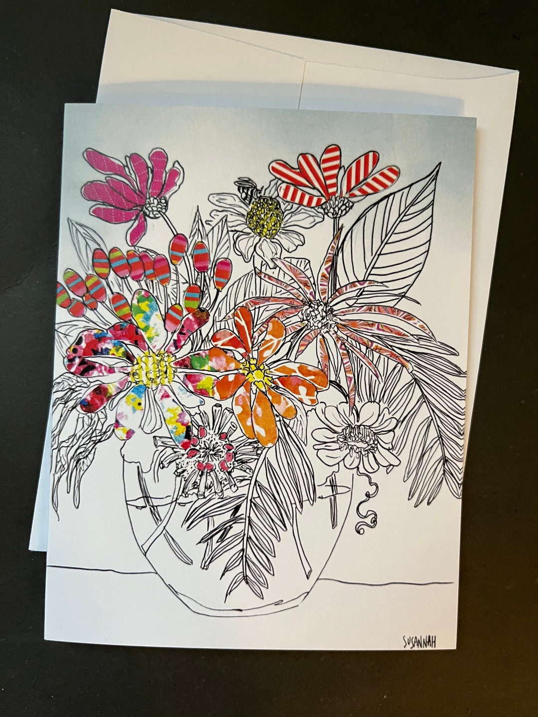 Bright Flower Bouquet Single Note Card From Original Pen and Ink ...