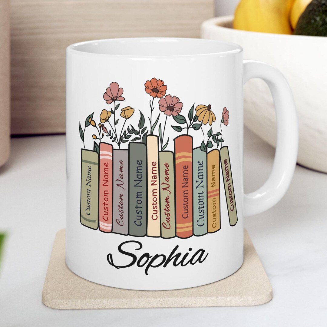 Custom Floral Books, Favorite Bookshelf Coffee Mug, Custom Title & Name ...