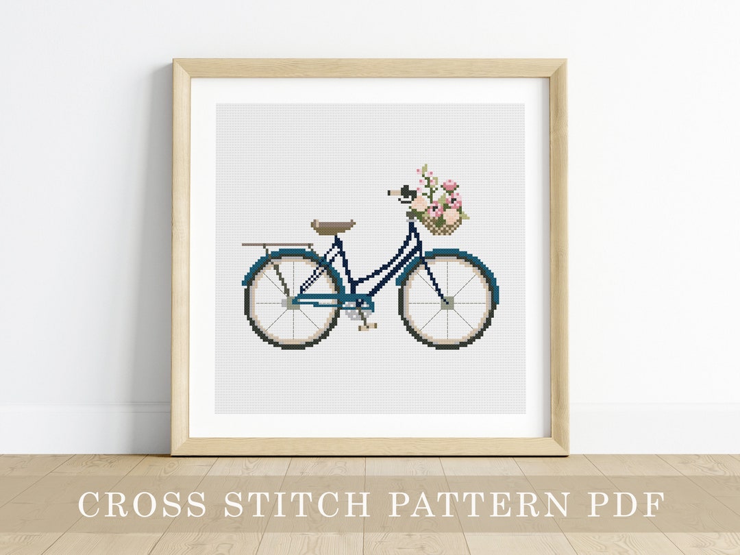 PDF Counted Cross Stitch - Blue Bicycle / Floral Cross Stitch, Bike ...