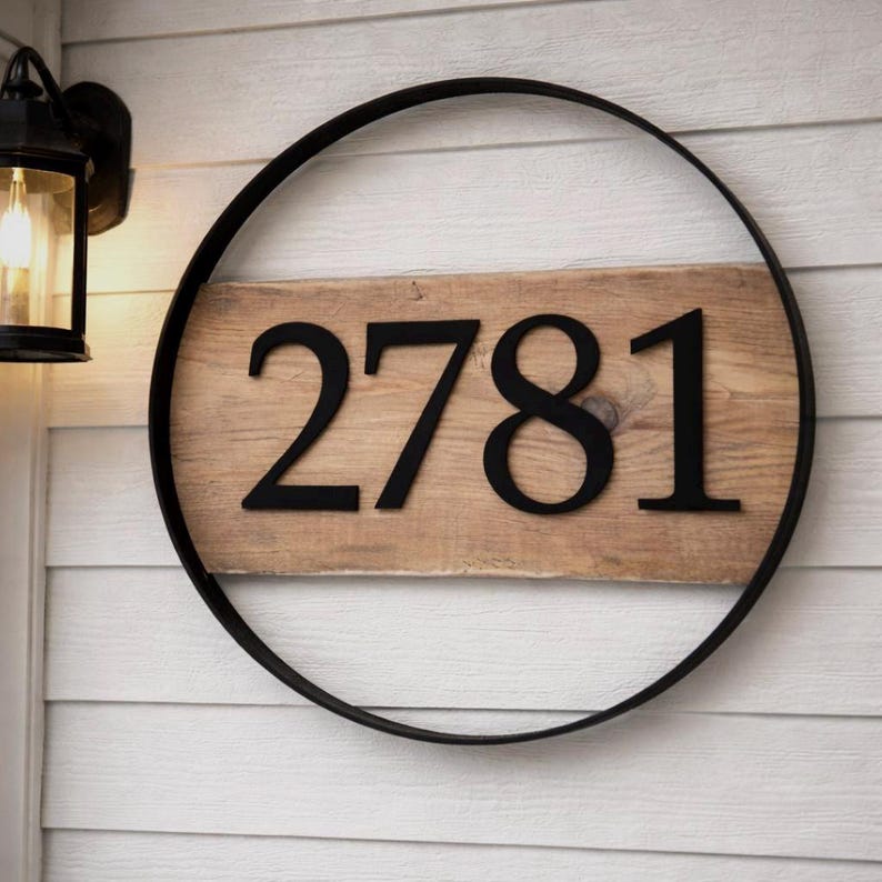 Rustic Address Sign With Large House Numbers, Bourbon Barrel Hoop ...