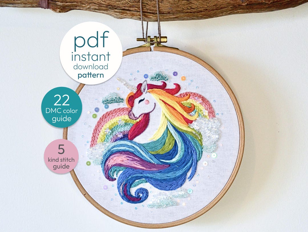 Rainbow Unicorn Embroidery Pattern: Fantasy Animal Design (digital ...