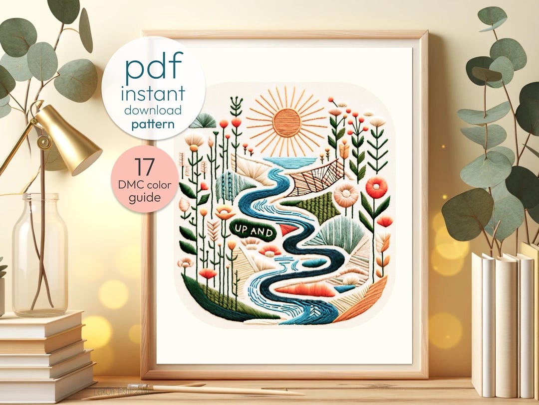 Modern Landscape Embroidery Pattern: River & Flowers (PDF Digital ...