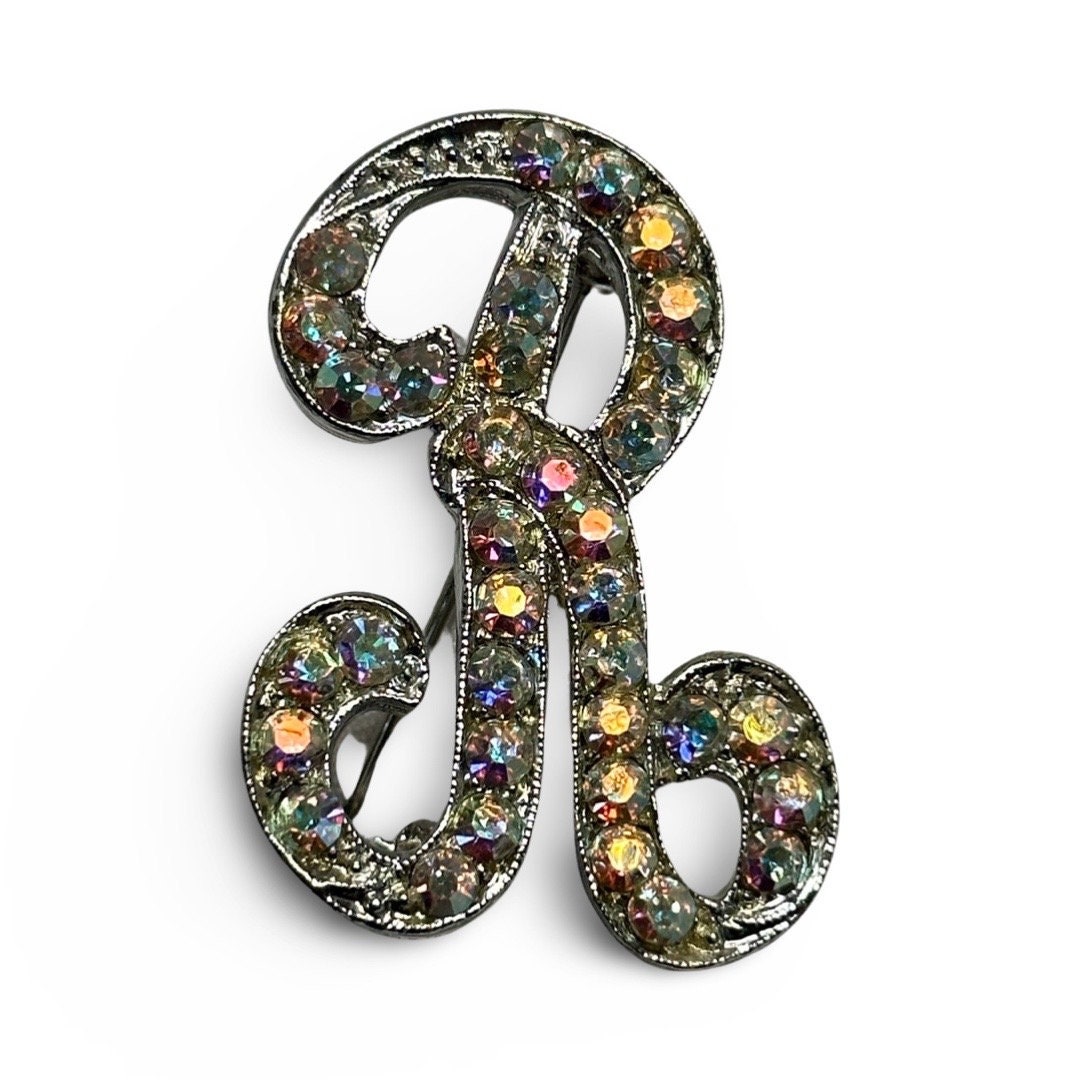 Large Vintage Rainbow Rhinestone "r" Pin - Etsy