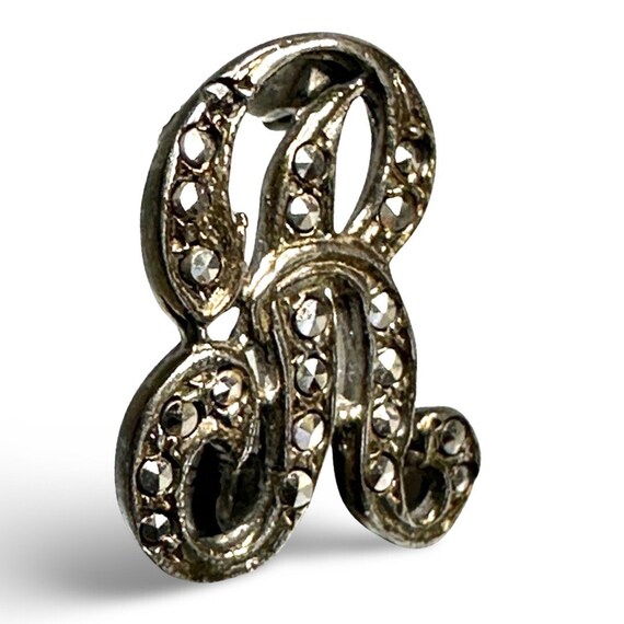 Small Antique Sterling & Rhinestone "R" Pin - Gem