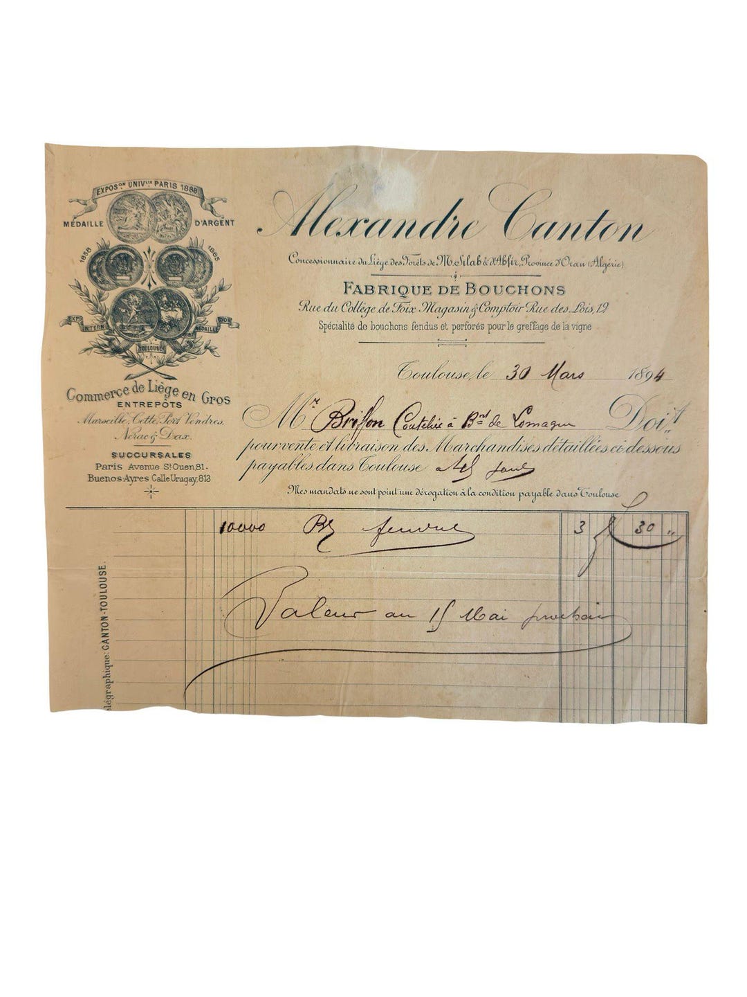 1894 French Wine Cork Factory Invoice, Antique Ephemera, Toulouse ...