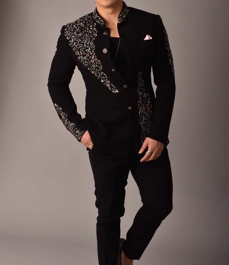 Suit for Men Men Deshingner Handwork Elegant Stylish Black 2 Piece Suit ...