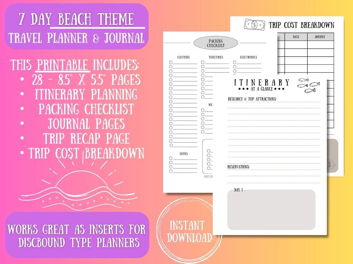Printable Travel Itinerary and Journal for Junior Discbound Notebook ...