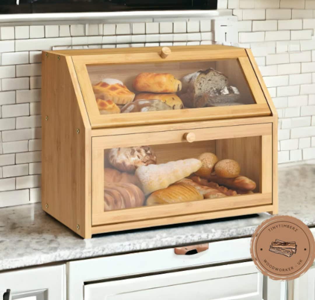 Wooden Bread Bin, Rustic Bread Box With Window, Bamboo Bread Box, Bread ...