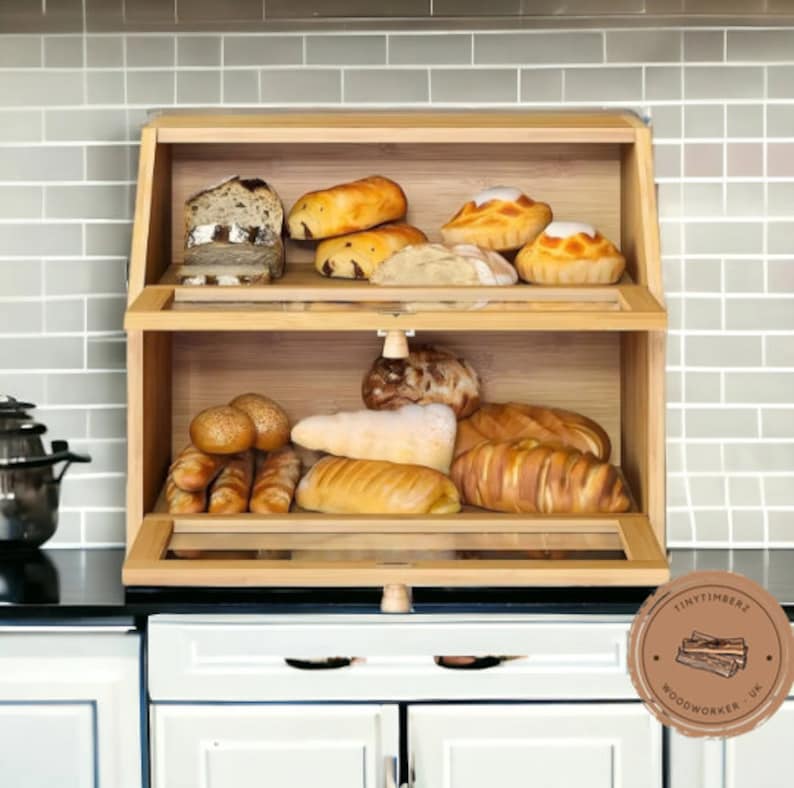 Wooden Bread Bin, Rustic Bread Box With Window, Bamboo Bread Box, Bread ...
