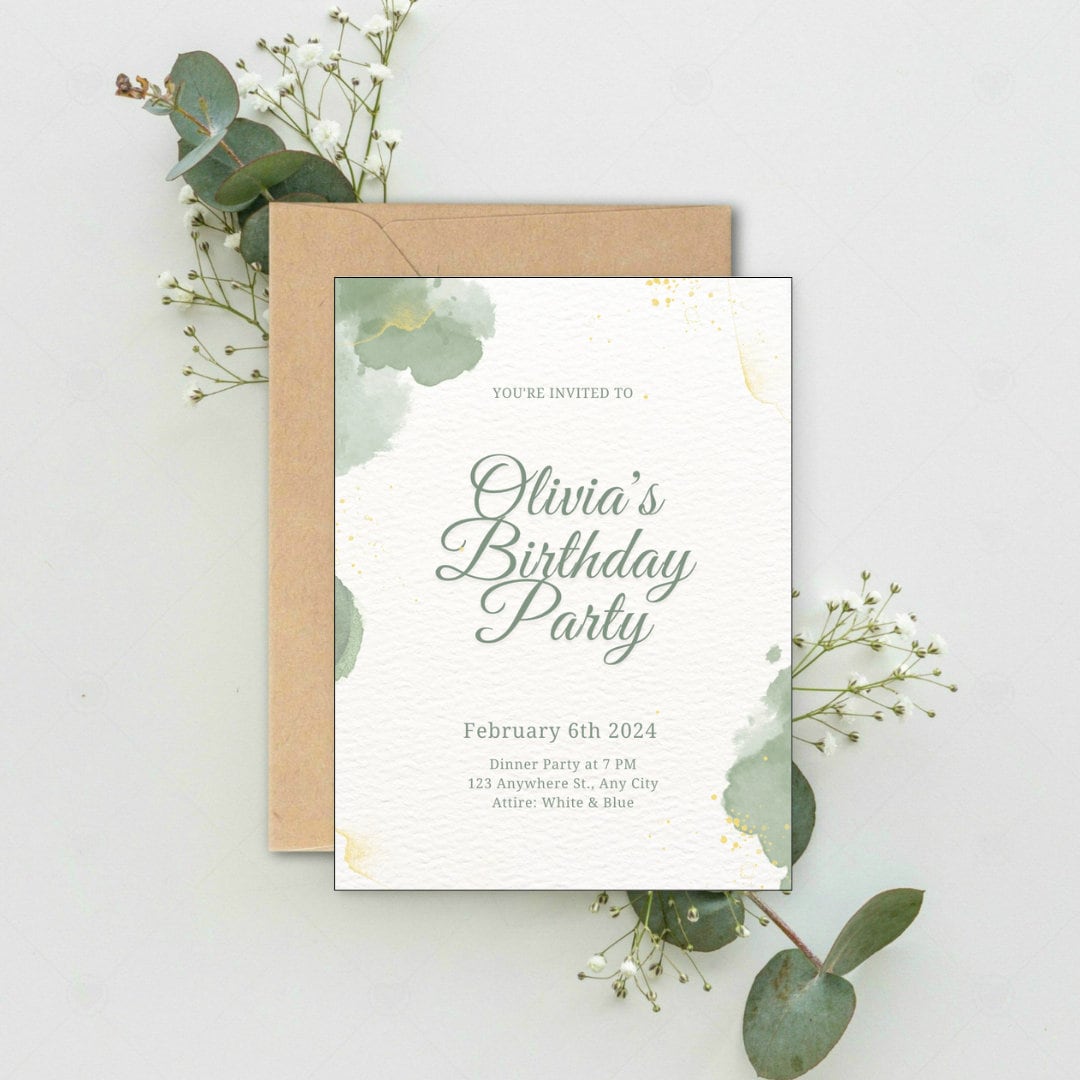 Cream Green Gold Aesthetic Calligraphy Birthday Party Virtual ...