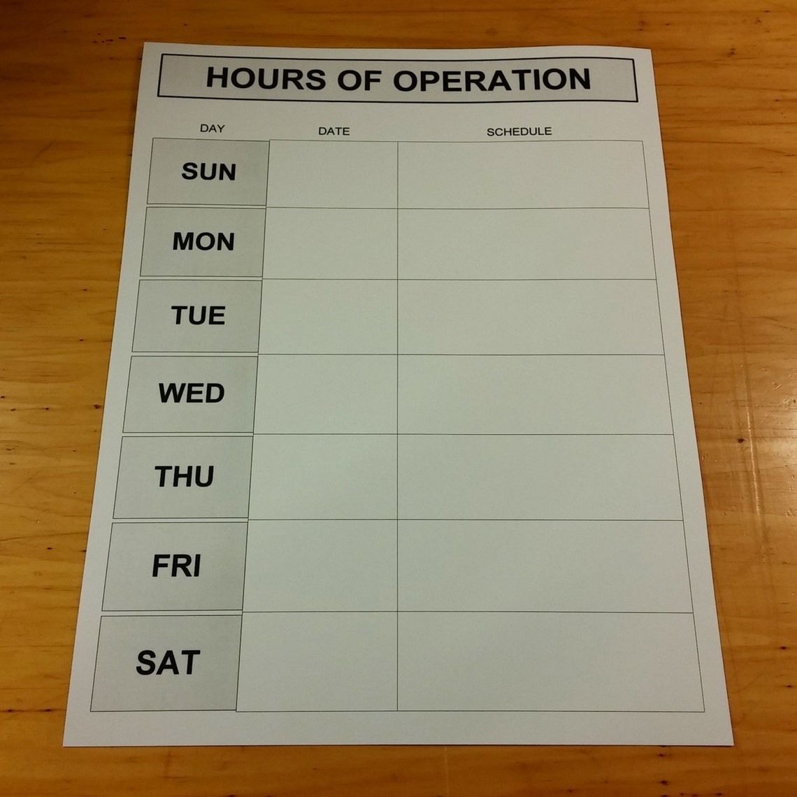 Weekly Hours Sign, DIY Printable, Blank Store Door Schedule Template ...