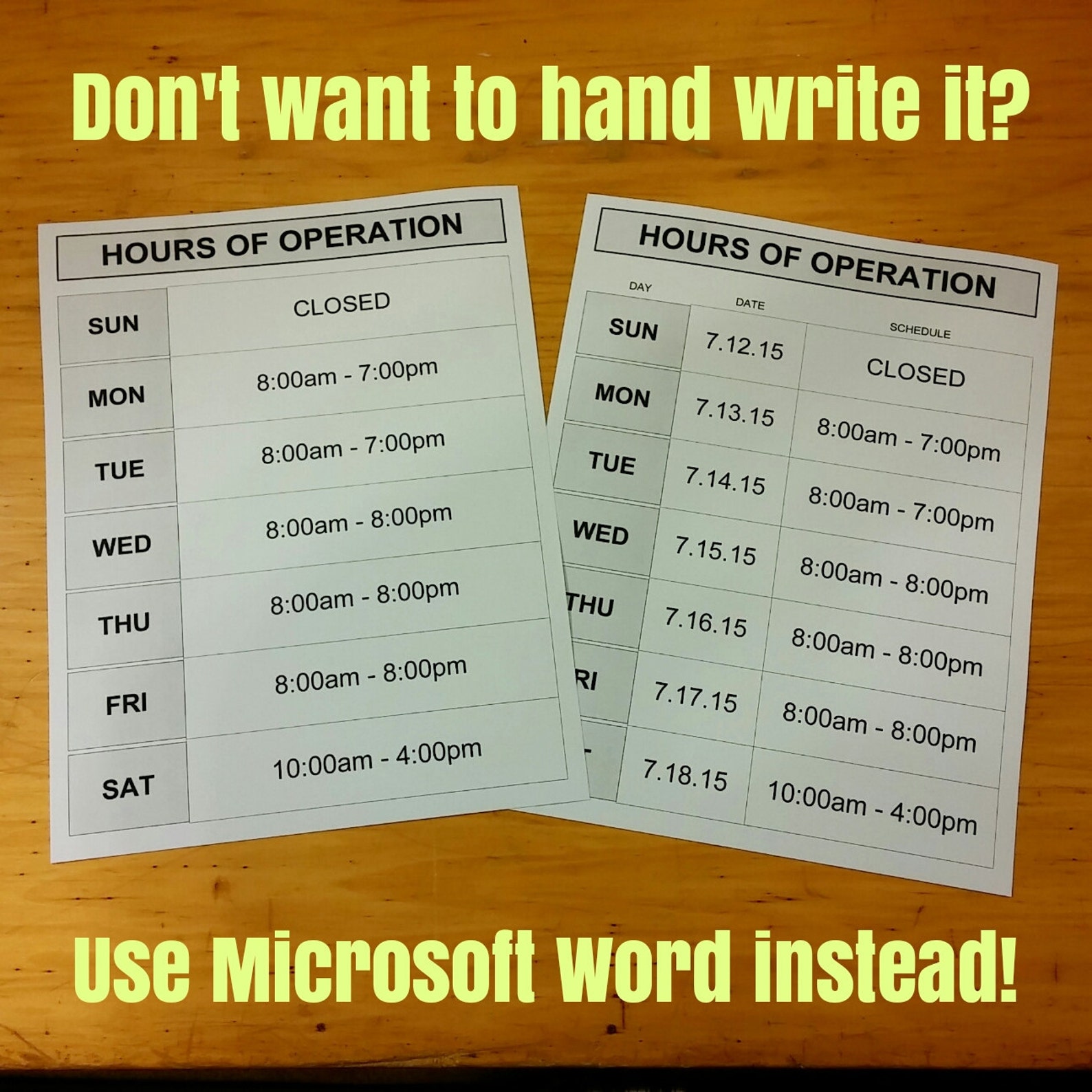 Weekly Hours Sign, DIY Printable, Blank Store Door Schedule Template ...