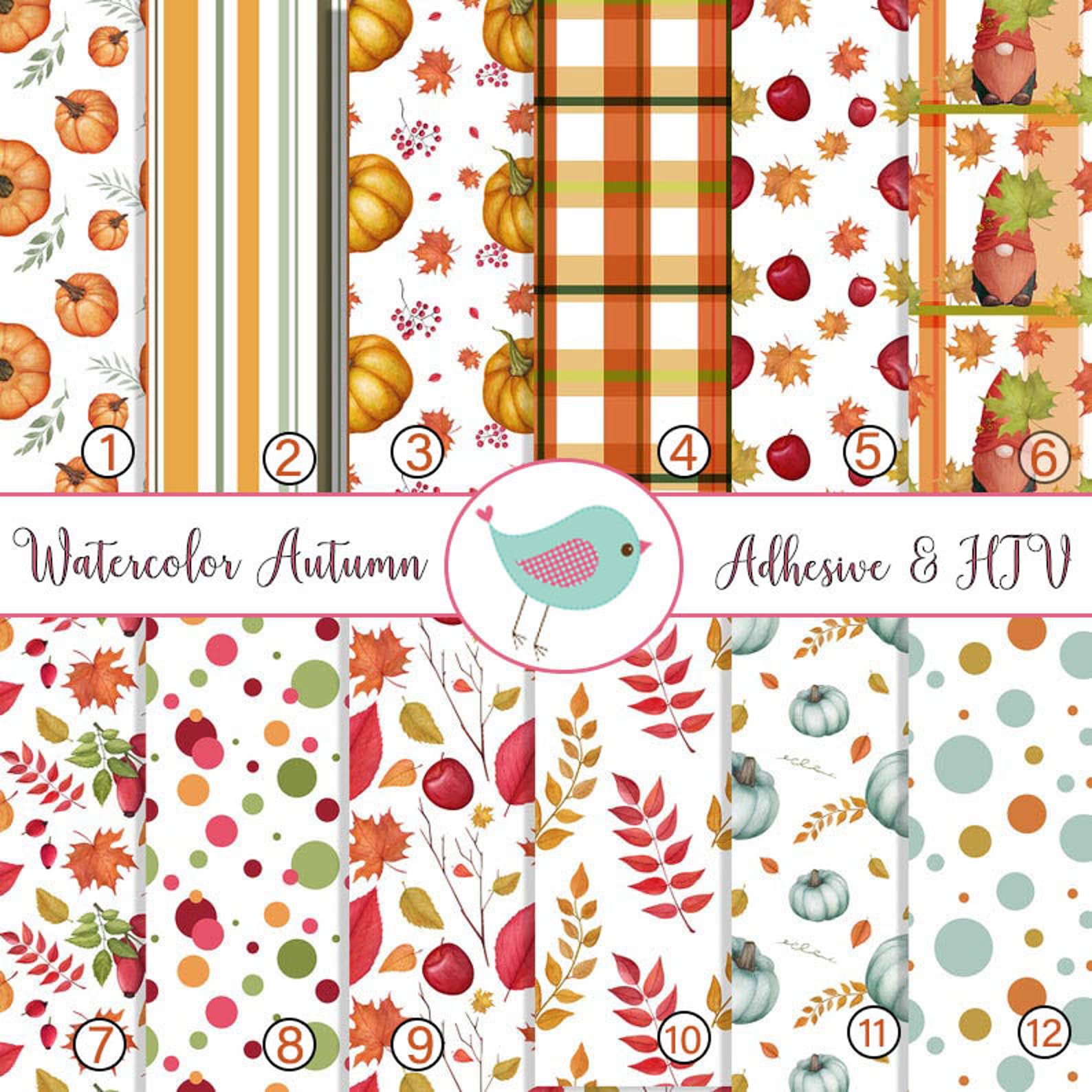 Watercolor Autumn Fall Vinyl Sheets Leaves Pumpkins Print | Etsy