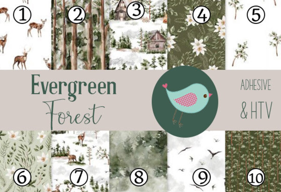 Evergreen Forest Tree Cabin Deer Print Adhesive Vinyl Heat Transfer ...