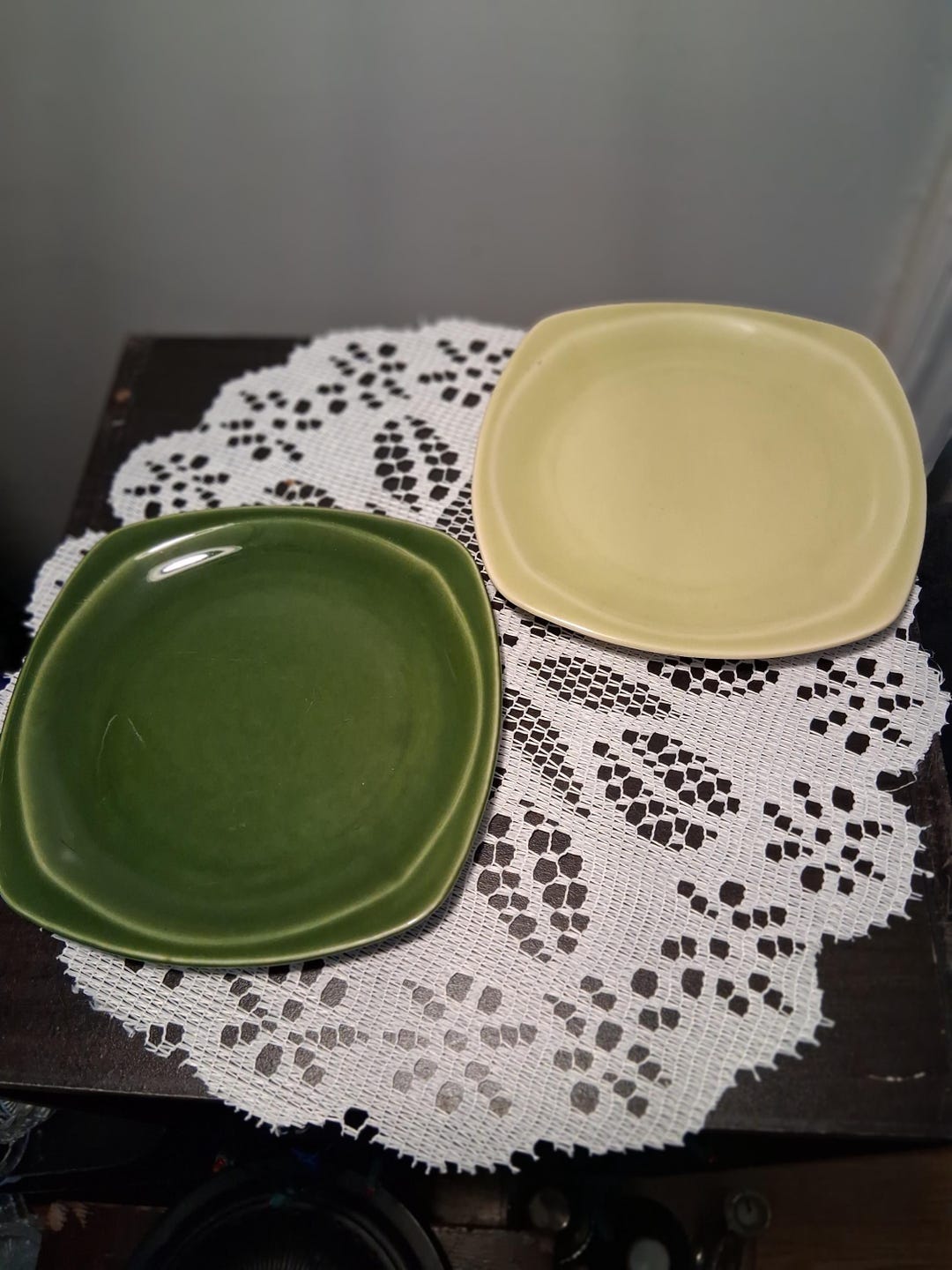 MCM Paden City Pottery Square Salad Plates. Minion Dell Green Pattern ...