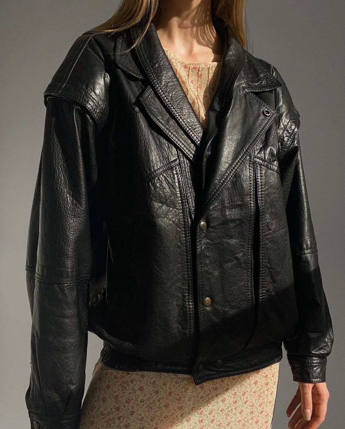 Women Pure Grain Leather Bomber Jacket, Oversized Black Straight Cut ...
