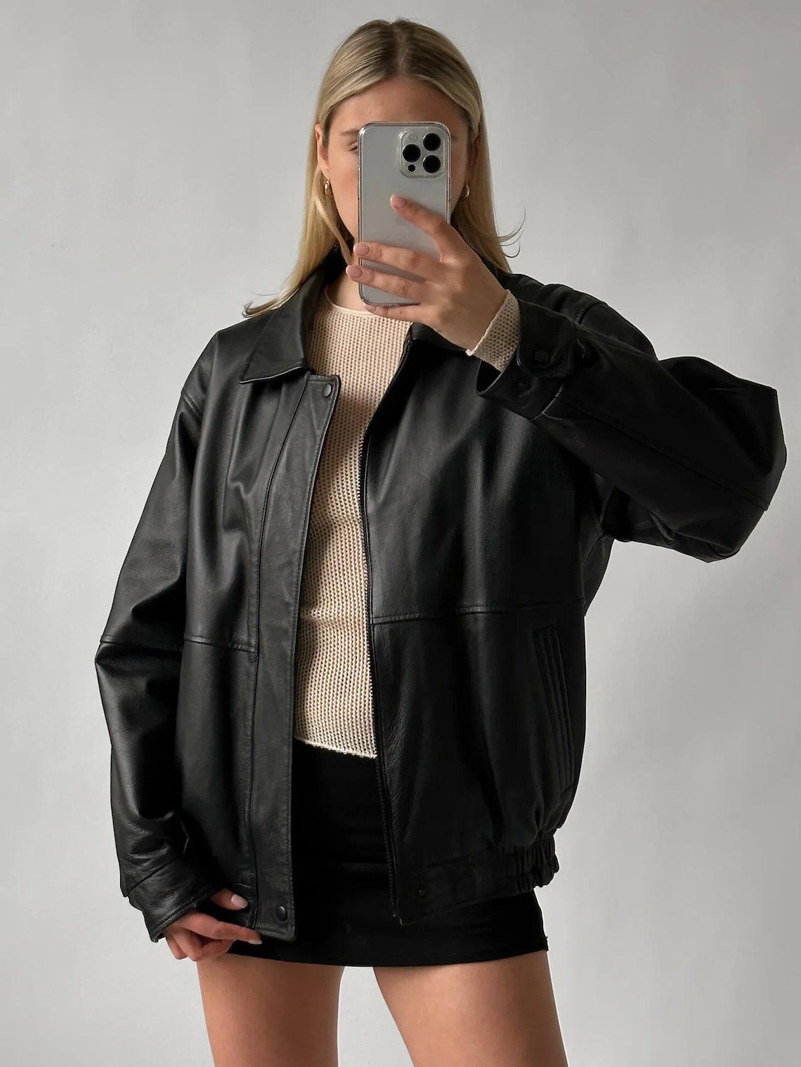 Women Classic Oversize Real Black Leather Bomber Jacket,straight Cut ...