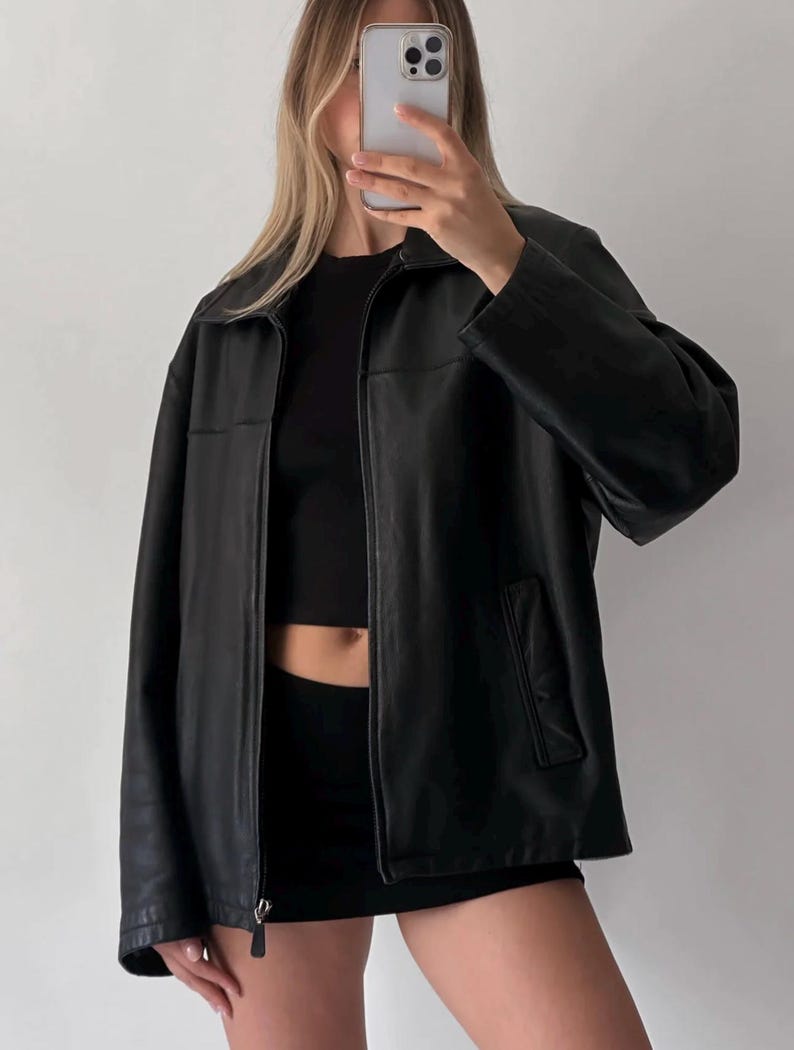 Women Classic Pure Black Leather Bomber Jacket, Oversized Straight Cut ...