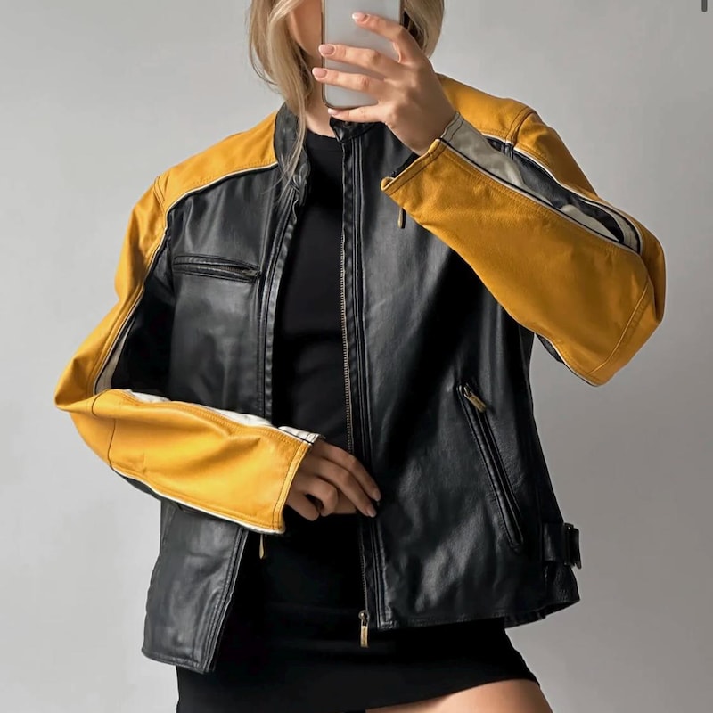 Black and Yellow Leather Jacket - Etsy