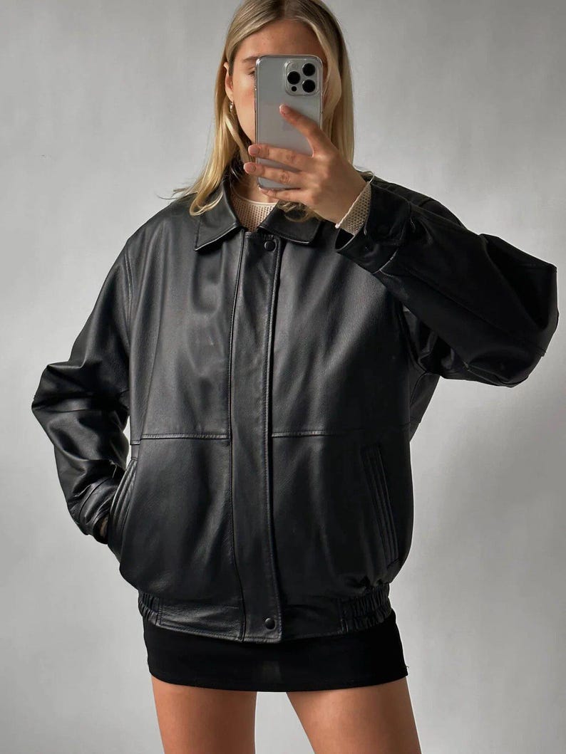 Women Classic Oversize Real Black Leather Bomber Jacket,straight Cut ...