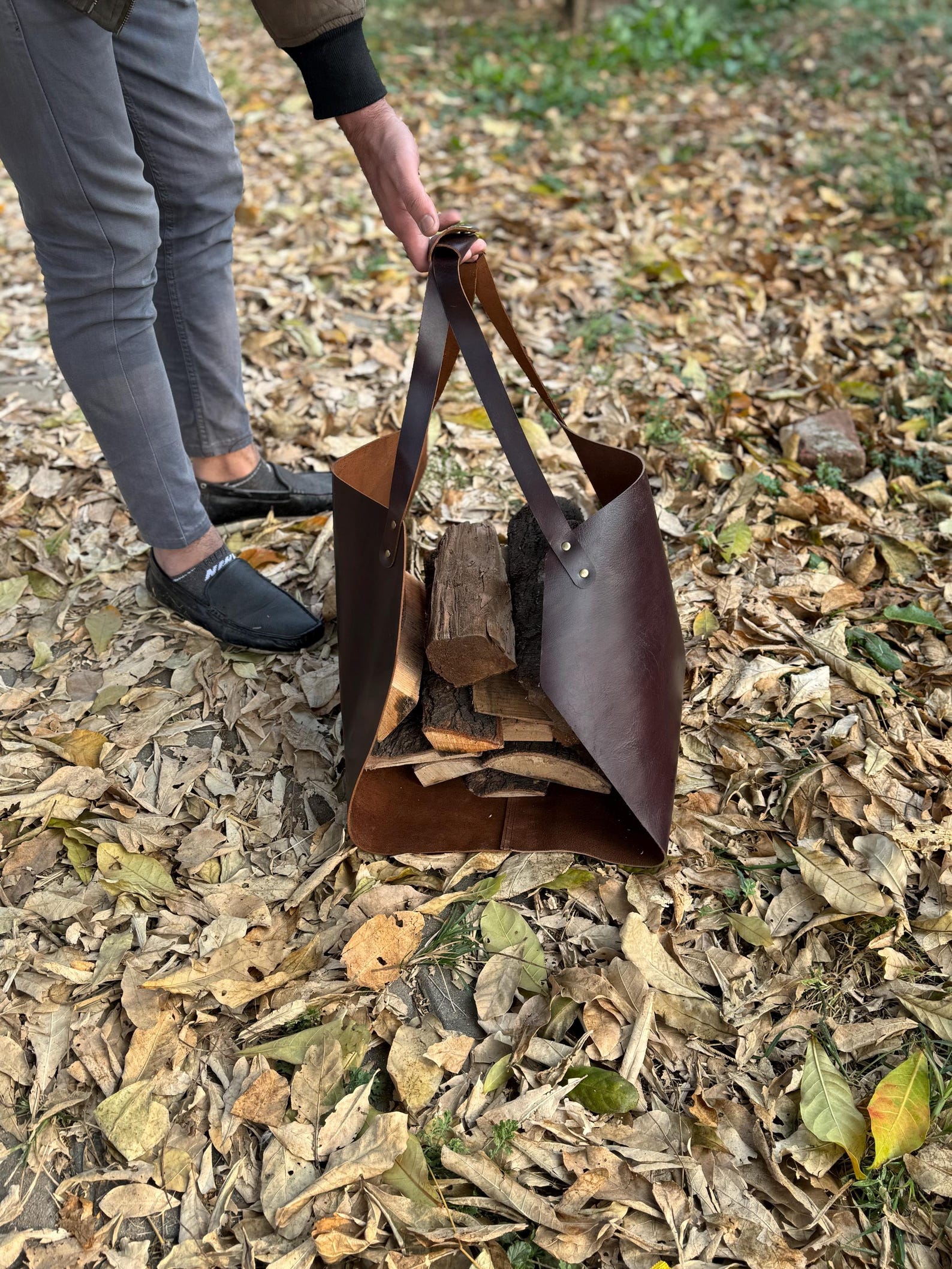 Personalized Leather Log Carrier Bag Firewood Indoor & Outdoor Log ...