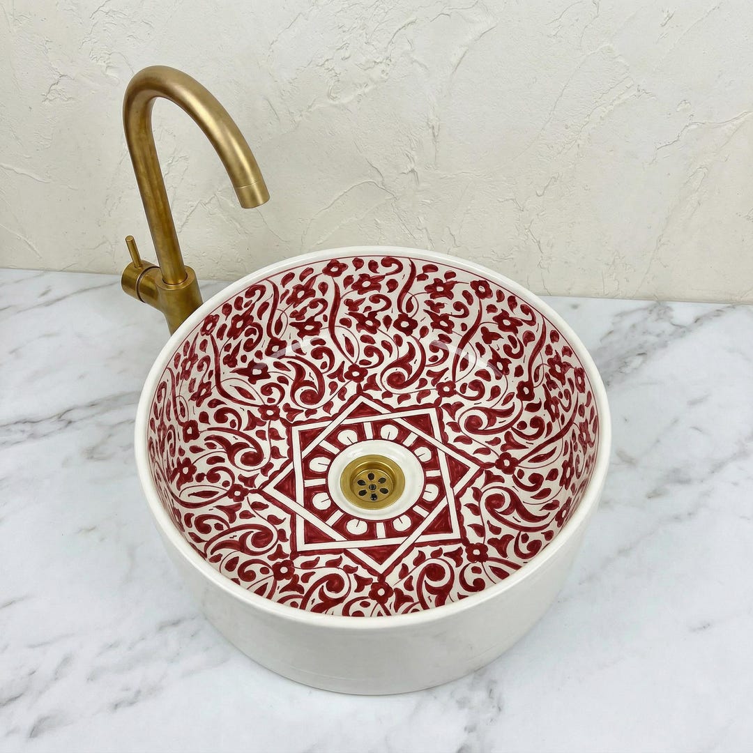 Ruby Red Khmisa Hand Painted Round Vessel Sink | Moroccan Ceramic ...