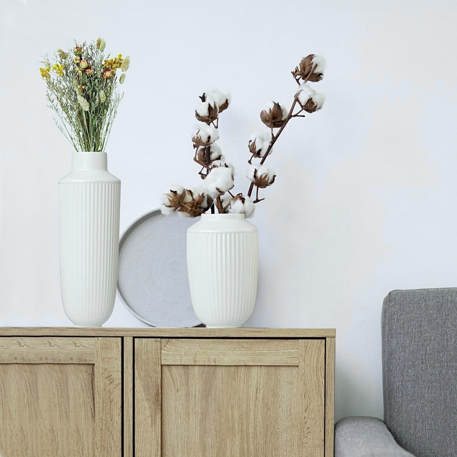 White Ceramic Flower Vase Set of 2 – Modern Boho Home Decor, Tabletop ...